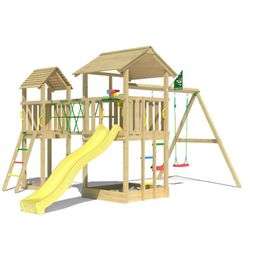 Jungle Gym Spielturm &raquo;Nova&laquo; Spielanlage mit 2 T&uuml;rmen, Schaukel und Rutsche mit Wasseranschluss gelb Holzwerkstoff