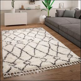Paco Home Hochflor-Teppich &raquo;Orebro 170&laquo; rechteckig 44 mm H&ouml;he modernes Rauten Muster, besonders weich & kuschelig, mit Fransen beige Polyester