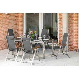 Merxx Garten-Essgruppe &raquo;Ferrara&laquo; 7 Stk. tlg. 6 Klappsessel mit ausziehbarem Tisch grau Edelstahl, FSC -zertifiziertes Massivholz, Polyester