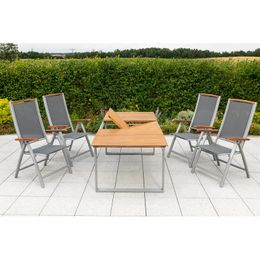 Merxx Garten-Essgruppe &raquo;&raquo;Siena&laquo;&laquo; Set, 5-fach verstellbare R&uuml;ckenlehne, 5 Stk. tlg. Ausziehtisch: LxB: 150-200 x 90 cm grau Aluminium, Massivholz, 