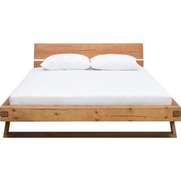 Salesfever Massivholzbett &raquo;Eik: Elegantes Bett aus Massivholz&laquo; Tradition trifft Moderne: Unikates Balkenbett mit Y-F&uuml;&szlig;en beige 100% Fichtenholz massiv