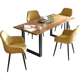 Salesfever Essgruppe &raquo;- stilvolles Design&laquo; Set, 5 Stk. tlg. 5-teiliges Set mit authentischer Baumkanten-Tischplatte gelb Massivholz, Metall, Polyester