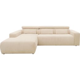 DOMO collection Ecksofa »Brandon B/T: 289/177 cm, belastbar bis 140kg/ Sitz, L-Form« mit Sitztiefenverstellung, Cord, creme creme