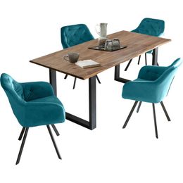 Salesfever Essgruppe &raquo;Stilvolle Essgruppe&laquo; Set, 5 Stk. tlg. 5-teilige Sitzgruppe mit 360&deg; Drehplatte und echter Baumkante blau Massivholz, Metall, 