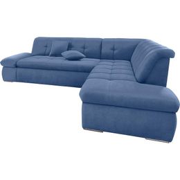 DOMO collection Ecksofa »Moric Luxus incl. Zierkissen B/T/H: 273/216/80 cm« XXL, L-Form, bis 140kg pro Sitzplatz belastbar, Ottomanen-Abschluss blau