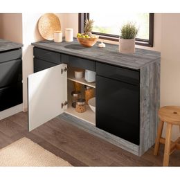 KOCHSTATION Unterschrank &raquo;KS-Virginia&laquo; 85 cm hoch, 150 cm breit, 3 Schubladen, 3 T&uuml;ren, griffloses Design schwarz Holzwerkstoff