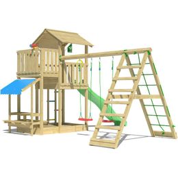 Jungle Gym Spielturm &raquo;Veranda&laquo; Spielanlage mit Schaukel, Kletterbock und Rutsche mit Wasseranschluss gr&uuml;n Holzwerkstoff