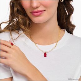 Thomas Sabo Damen Thomas Sabo Kette mit Anh&auml;nger &raquo;Thomas Sabo x HARIBO Schmuck: Gliedercollier mit Goldb&auml;r&laquo; mit Kristallglas - mit S&uuml;&szlig;wasserzuchtperle