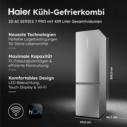 Haier K&uuml;hl-/Gefrierkombination 2D 60 Series 7 &raquo;HDPW7620AANPK&laquo; 205 cm hoch 59,5 cm breit Absolut effizient: Nur 92 kWh j&auml;hrlicher Energieverbrauch silber 