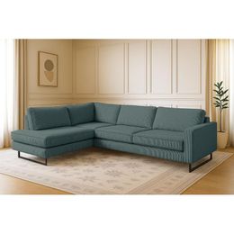 Places of Style Ecksofa »Pinto, 290 cm, Cord, Chenille, Lederoptik, Ottomane links / rechts« mit Keder, schwarze Metallfüße, Wellenunterfederung azur