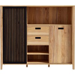 FORTE Highboard &raquo;Jytana&laquo; Breite 149,9 cm, Schiebet&uuml;re mit Lamellenoptik, Mauvella Eiche/Schwarz schwarz Holzwerkstoff