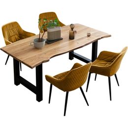 Salesfever Essgruppe &raquo;Esszimmerausstattung aus Holz und Metall&laquo; Set, 5 Stk. tlg. 5-teiliges Set aus doppelt gewachstem Massivholz gelb Massivholz, 