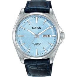 Lorus Automatikuhr Armbanduhr, Herrenuhr, Mechanische Uhr, Lederarmband, analog, Tag dunkelblau-hellblau Stilvolle Automatikuhr