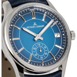 Jacques Lemans Herren Quarzuhr &raquo;Derby&laquo; Armbanduhr, Herrenuhr, Lederarmband, analog, Tag, kleine Sekunde blau