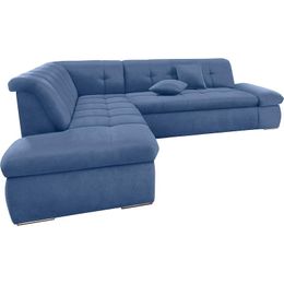 DOMO collection Ecksofa »Moric Luxus incl. Zierkissen B/T/H: 273/216/80 cm« XXL, L-Form, bis 140kg pro Sitzplatz belastbar, Ottomanen-Abschluss blau