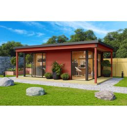 Lasita Maja Gartenhaus &raquo;Domeo 3 Loggia Schwedenrot&laquo; mit &Uuml;berdachung, Position der Zwischenwand flexibel rot Holzwerkstoff