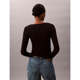 Calvin Klein Jeans Damen Langarmshirt &raquo;LS WOVEN LABEL 2X2 RIB SCOOP NEC&laquo; Mit Rundhalsausschnitt, regular fit schwarz S (38)