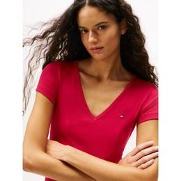 Tommy Jeans Damen Kurzarmshirt &raquo;TJW SLIM ESSENTIAL RIB V SS&laquo; mit gerippter Struktur rot XS (34)