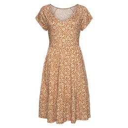 Buffalo Damen Jerseykleid mit Bl&uuml;mchenprint und V-Ausschnitt, Sommerkleid, Strandkleid beige 36, N-Gr