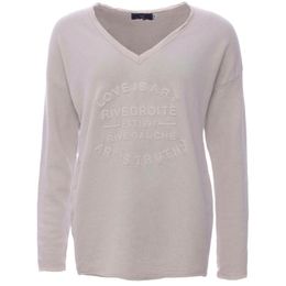 Zwillingsherz Damen Sweatshirt, ausgefranster V-Ausschnitt, Vintage Look, Langarm beige SM (S/M)