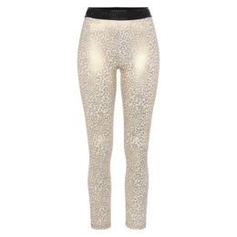 active by Lascana Lascana Active Damen LASCANA ACTIVE Funktionsleggings Sportleggings mit gl&auml;nzendem Leomuster und 3D-Schriftzug auf dem Bund gold XS (32/34), N-Gr