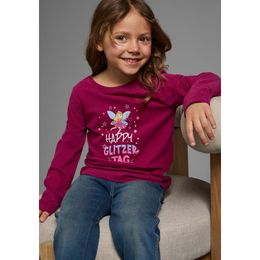Kidsworld M&auml;dchen Kidsworld Langarmshirt &raquo;Mit Spruch: Happy Glitzer Tag&laquo; Langarm, h&uuml;ftlange Passform, Rundhalsausschnitt rot 92/98