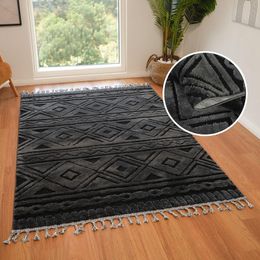 my home Teppich »Bonvo« rechteckig 19 mm Höhe mit Fransen, Hoch-Tief-Struktur, Wohnzimmer, Schlafzimmer, Boho-Style schwarz Obermaterial: 70%...