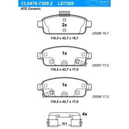 ATE Bremsbelagsatz, Scheibenbremse Ceramic 13.0470-7309.2 hinten rechts links mit Zubeh&ouml;r f&uuml;r VAUXHALL OPEL 13417473 1605170 1605295