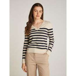 Tommy Hilfiger V-Ausschnitt-Pullover »CO JERSEY STITCH V-NK SWEATER mit V-Ausschnitt und Ripp« Baumwollmischung Dark Night Navy/ Country Ivory XL...