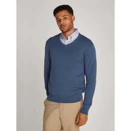Tommy Hilfiger Herren Strickpullover &raquo;ESSENTIAL COTTON V NECK mit V-Ausschnitt und Stickerei&laquo; unifarben, casual, regular fit, Baumwolle, V-Ausschnitt 
