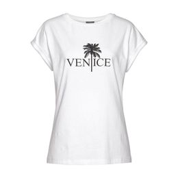 Venice Beach Damen Rundhalsshirt mit Frontdruck, T-shirt aus Baumwolle, Kurzarmshirt, Basic wei&szlig; 32/34