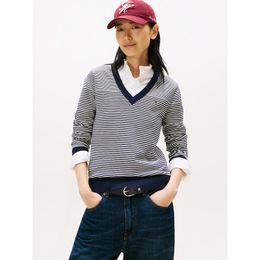 Tommy Hilfiger Damen V-Ausschnitt-Pullover &raquo;CO JERSEY STITCH V-NK SWEATER mit V-Ausschnitt und Ripp&laquo; Baumwollmischung blau XS (34)