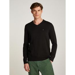 Tommy Hilfiger Herren Strickpullover &raquo;ESSENTIAL COTTON V NECK mit V-Ausschnitt und Stickerei&laquo; unifarben, casual, regular fit, Baumwolle, V-Ausschnitt 