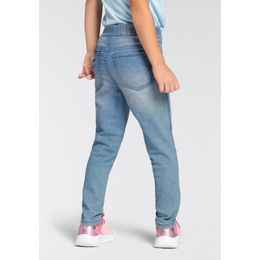 Kidsworld M&auml;dchen Kidsworld Jeansjeggings &raquo;, Strecht-Jeans in Schlupfform&laquo; schmale Beinform, mit Used-Waschung, normale Leibh&ouml;he blau 140, N-Gr