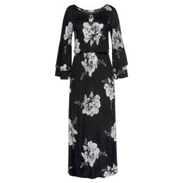 Lascana Damen Lascana Maxikleid mit Blumenprint und Schulter-Cut-Outs, Sommerkleid mit Schlitz schwarz-wei&szlig; 36, N-Gr