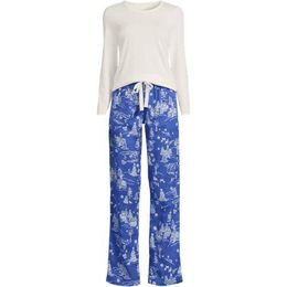 LANDS' END Pyjama-Set mit Flanellhose, Damen,  Blau, Baumwolle/Baumwoll-Mischung/Viskose-Mischung, by Lands' End