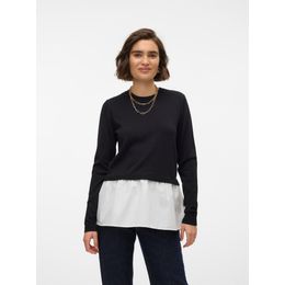 Véro Moda Rundhalspullover VERO MODA "VMJOSE LS O-NECK WVN MIX PULLOVER GA BOO", Damen, Gr. M, schwarz (schwarz detail:with birch woven), Strick, Obermaterial: 77% Viskose, 23% Polyester, Rundhals, Pullover