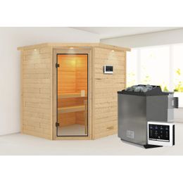 Sauna Karibu "Mia (Fronteinstieg)", beige (naturbelassen), (ohne Ofen), Saunen, Ofen 9 kW Bio externe Strg easy