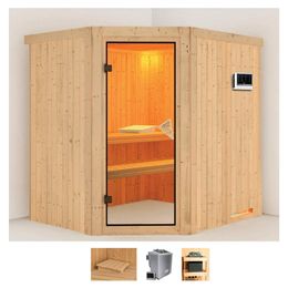 Sauna Karibu "Siirin", beige (naturbelassen), Bio-Kombiofen, externe Steuerung, 9 kW, Saunen, Ofen 9 kW Bio externe Strg easy