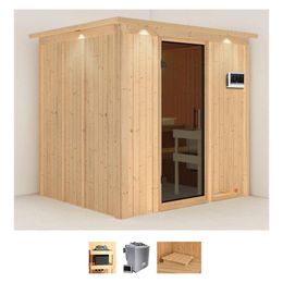 Sauna Karibu "Sodin", beige (naturbelassen), Bio-Kombiofen, externe Steuerung, 9 kW, Saunen, Ofen 9 kW Bio externe Strg easy