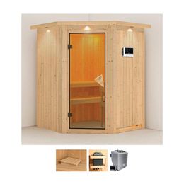 Sauna Karibu "Larin", beige (naturbelassen), Bio-Kombiofen, externe Steuerung, 9 kW, Saunen, Ofen 9 kW Bio externe Strg easy