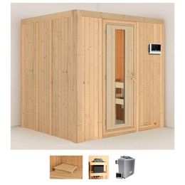 Sauna Karibu "Sodin", beige (naturbelassen), Saunaofen, externe Steuerung, 9 kW, Saunen, Ofen 9 KW externe Strg easy