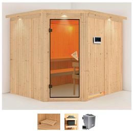 Sauna Karibu "Marit", beige (naturbelassen), Bio-Kombiofen, externe Steuerung, 9 kW, Saunen, Ofen 9 kW Bio externe Strg easy