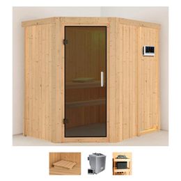 Sauna Karibu "Clara", beige (naturbelassen), Bio-Kombiofen, externe Steuerung, 9 kW, Saunen, Ofen 9 kW Bio externe Strg easy