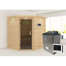 Sauna Karibu "Mia (Fronteinstieg)", beige (naturbelassen), (ohne Ofen), Saunen, Ofen 9 KW externe Strg easy