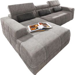 Ecksofa DOMO collection "Brandon gro&szlig;e Ausf&uuml;hrung B/T/H: 289/177/80 cm, auch in Leder und Cord", grau (grau, braun), B:289cm H:80cm T:175cm, Luxus-Microfaser in Antikleder-Optik (100% Polyester);Luxus-Microfaser (100% Polyester);Kunstleder SOFTLUX, Sofas, Ecksofa, mit Kopfteilverstellung, wahlweise Sitztiefenverstellung, L-Form