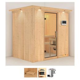 Sauna Karibu "Finja", beige (naturbelassen), Bio-Kombiofen, externe Steuerung, 3,6 kW, Saunen, Ofen 3,6 kW Bio-Ofen externe Strg. easy