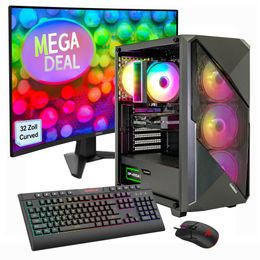 GAMEMAX PC-Komplettsystem "MegaDeal Striker 2626 AMD Ryzen 5 7500F RTX 5060 32GB DDR5 1TB SSD", Energieeffizienz: E (A-G), schwarz, Microsoft Windows 11 Home (64 Bit), 32 GB RAM 1.000 GB SSD, Computer_Komplettsysteme, Windows 11, DDR5 RAM + MSI MAG 32C6 Curved Monitor, 80cm (32")