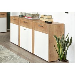 Kommode VOGL MÖBELFABRIK "Tirent", weiß (eiche, weiß), B:159cm H:84cm T:40cm, Spanplatte, Sideboards, Türkommode, mit 3 Türen und 1 Schubkasten