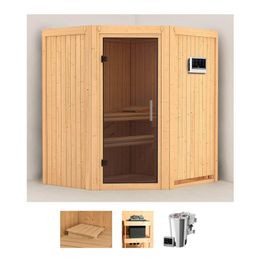 Sauna Karibu "Tomke", beige (naturbelassen), Bio-Kombiofen, externe Steuerung, 3,6 kW, Saunen, Ofen 3,6 kW Bio-Ofen externe Strg. easy